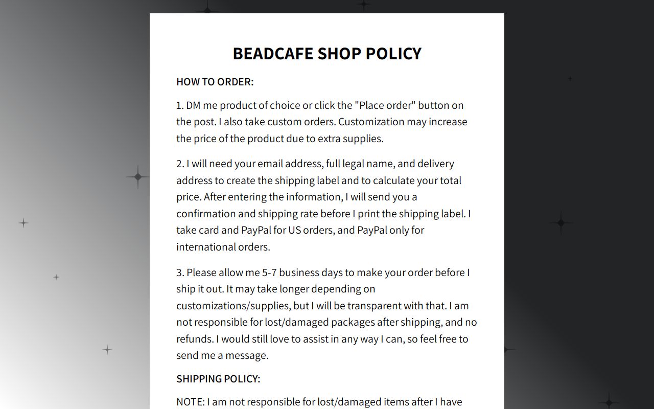 BEADCAFE Shop Policy